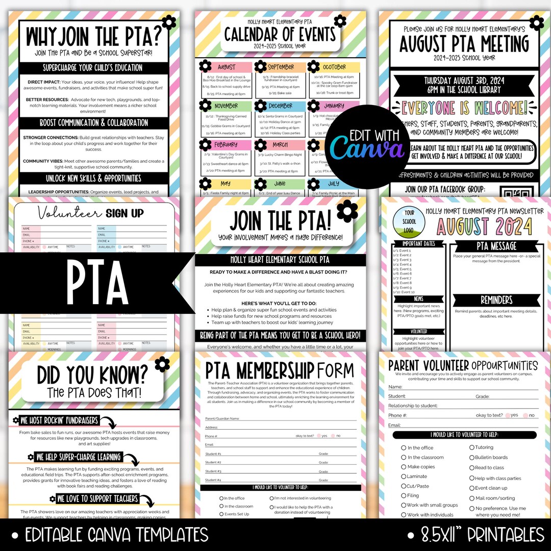 PTA Flyers Forms Template BUNDLE, PTA Newsletter, Membership Form, Calendar of Events, Pta ...
