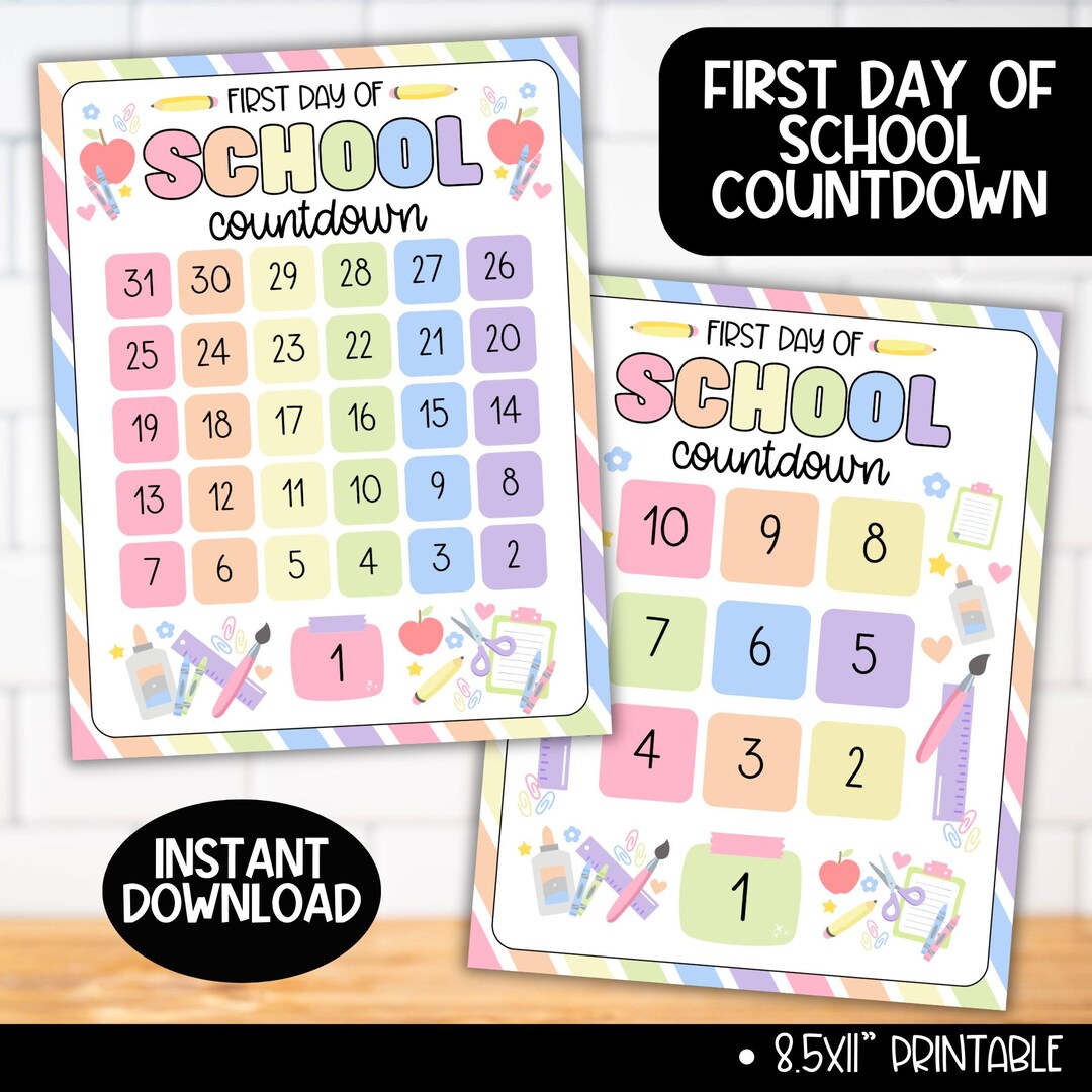 Paquete de calendario imprimible de cuenta regresiva para el primer día ...
