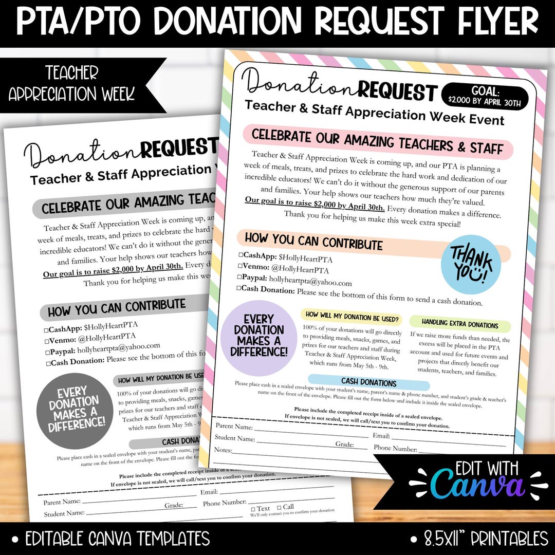 PTA PTO Teacher Appreciation Week Donation Request Flyer Form Letter ...