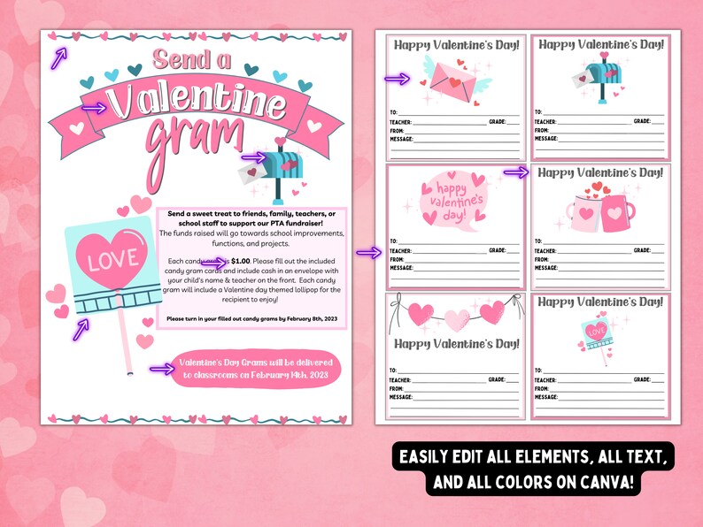 PTA PTO Valentine's Day Candy Gram School Fundraiser Flyer Template ...