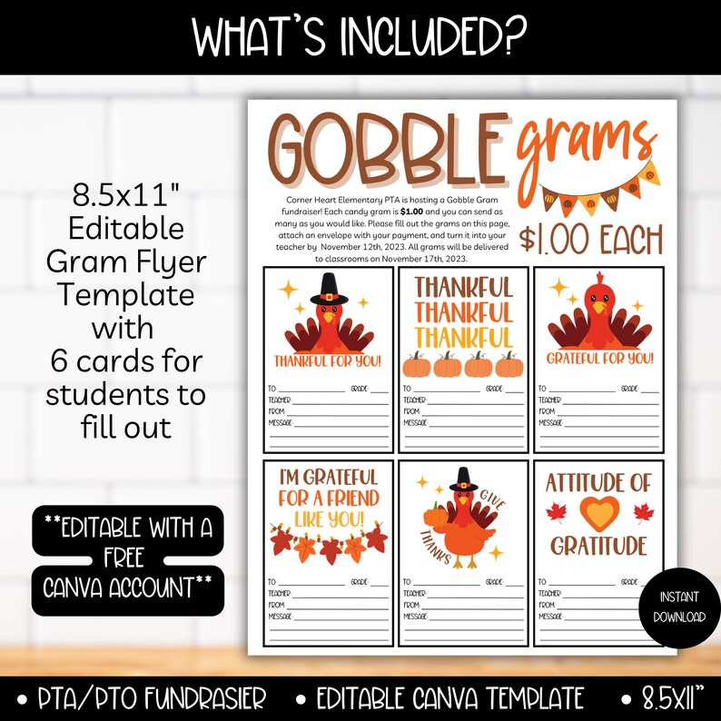 PTA PTO Gobble Gram Fundraiser Flyer Template, Autumn School Fundraiser ...