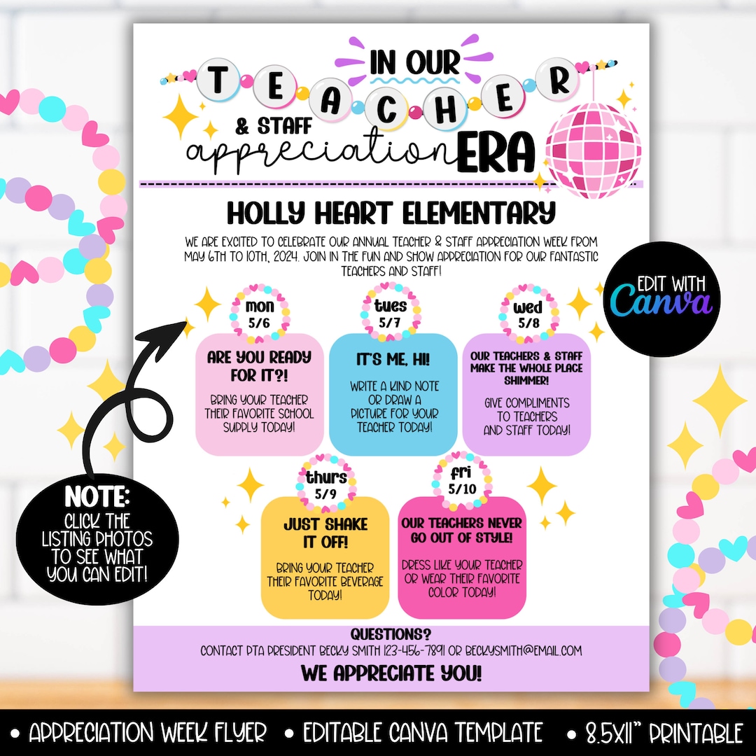 Teacher Staff Appreciation Week Editable Flyer, Pop Star Bead Theme ...