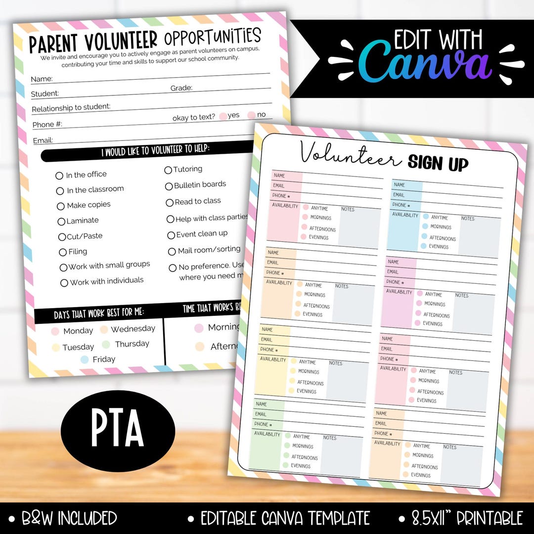 PTA Parent Volunteer Opportunities Sign up Sheet Flyer Template, PTA ...