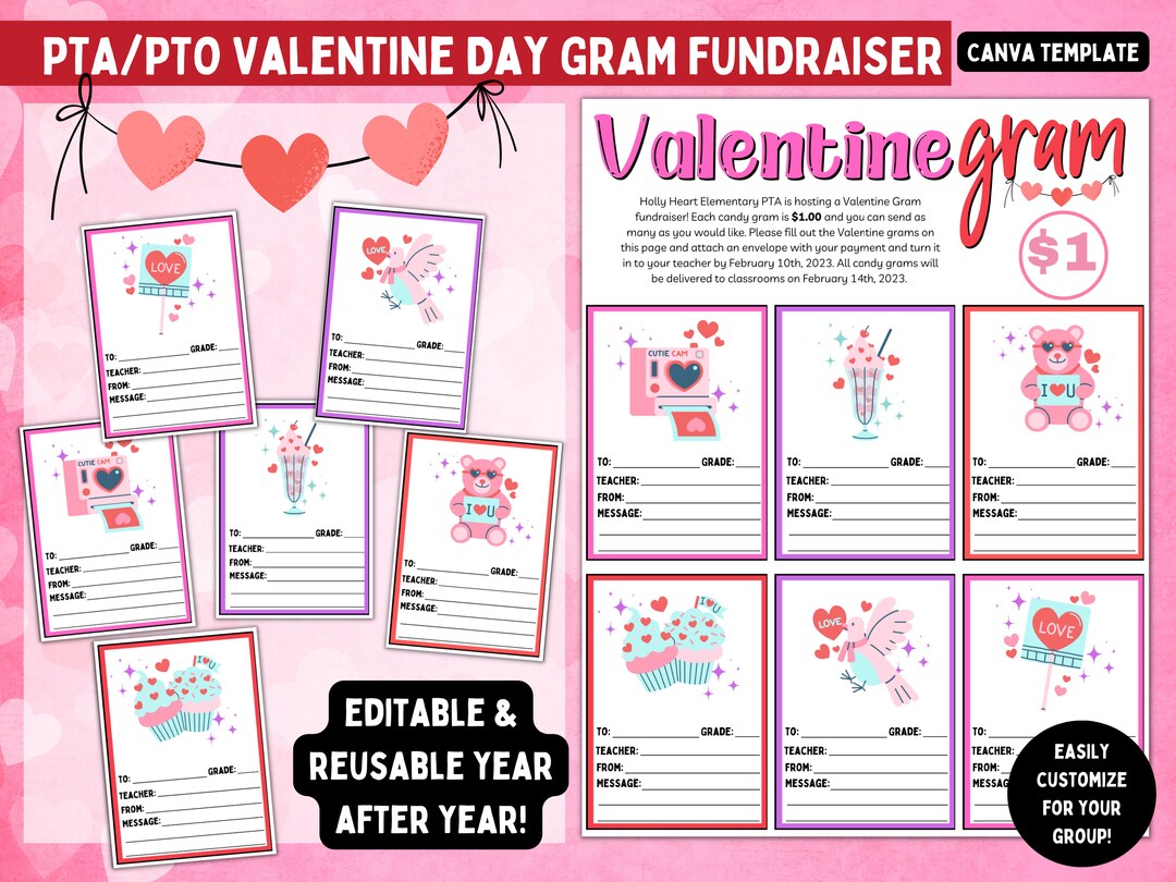 PTA PTO Valentine's Day Candy Gram School Fundraiser Flyer Template ...