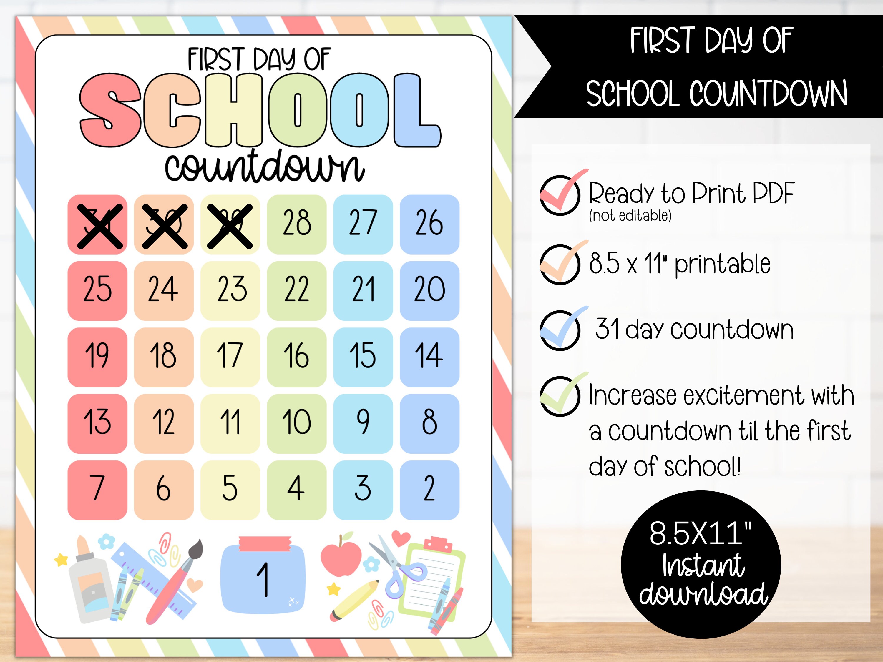 First Day of School Countdown for Kids Printable PDF - Etsy