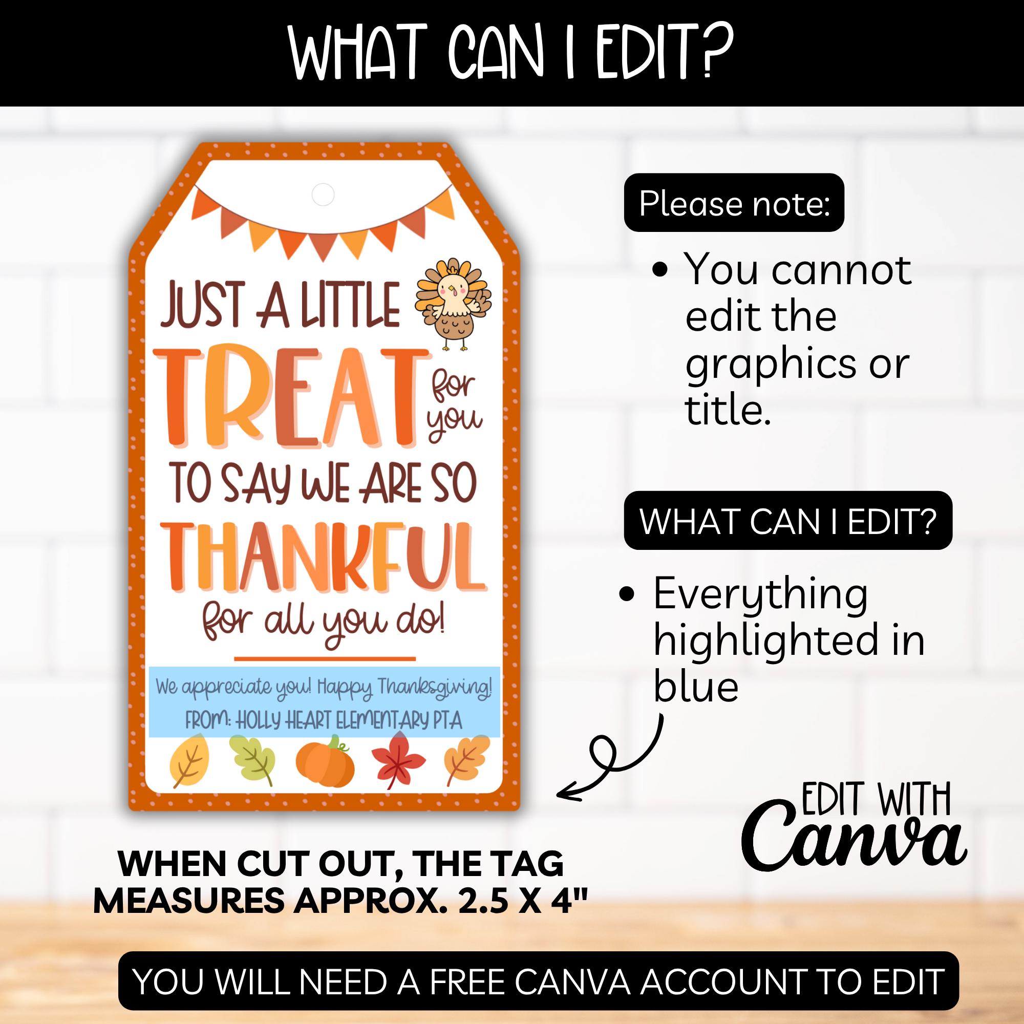 Thanksgiving Gift Tags Template, Editable Thankful for You Treat Tag ...