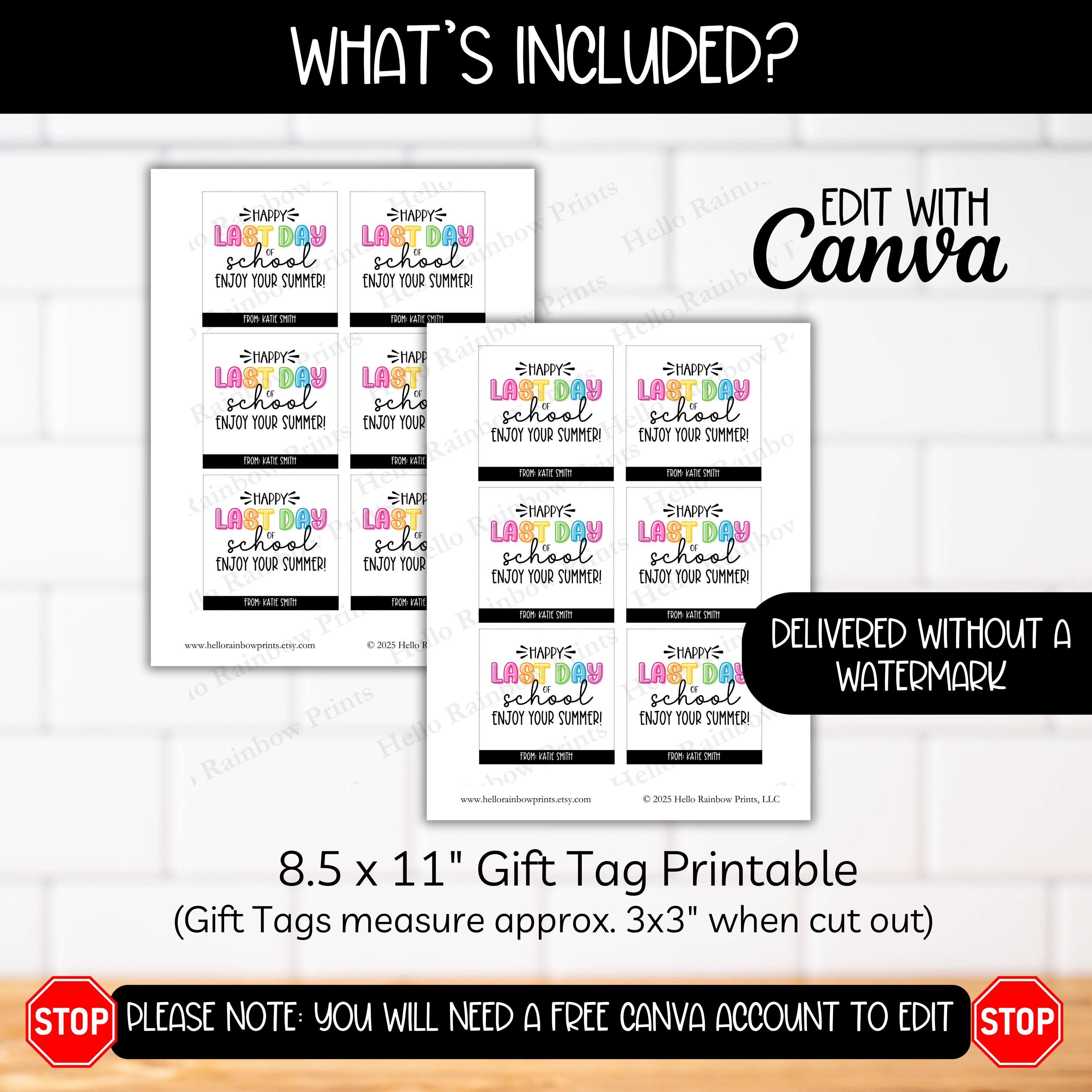 Last Day of School Year Summer Appreciation Gift Tags Template, End of ...