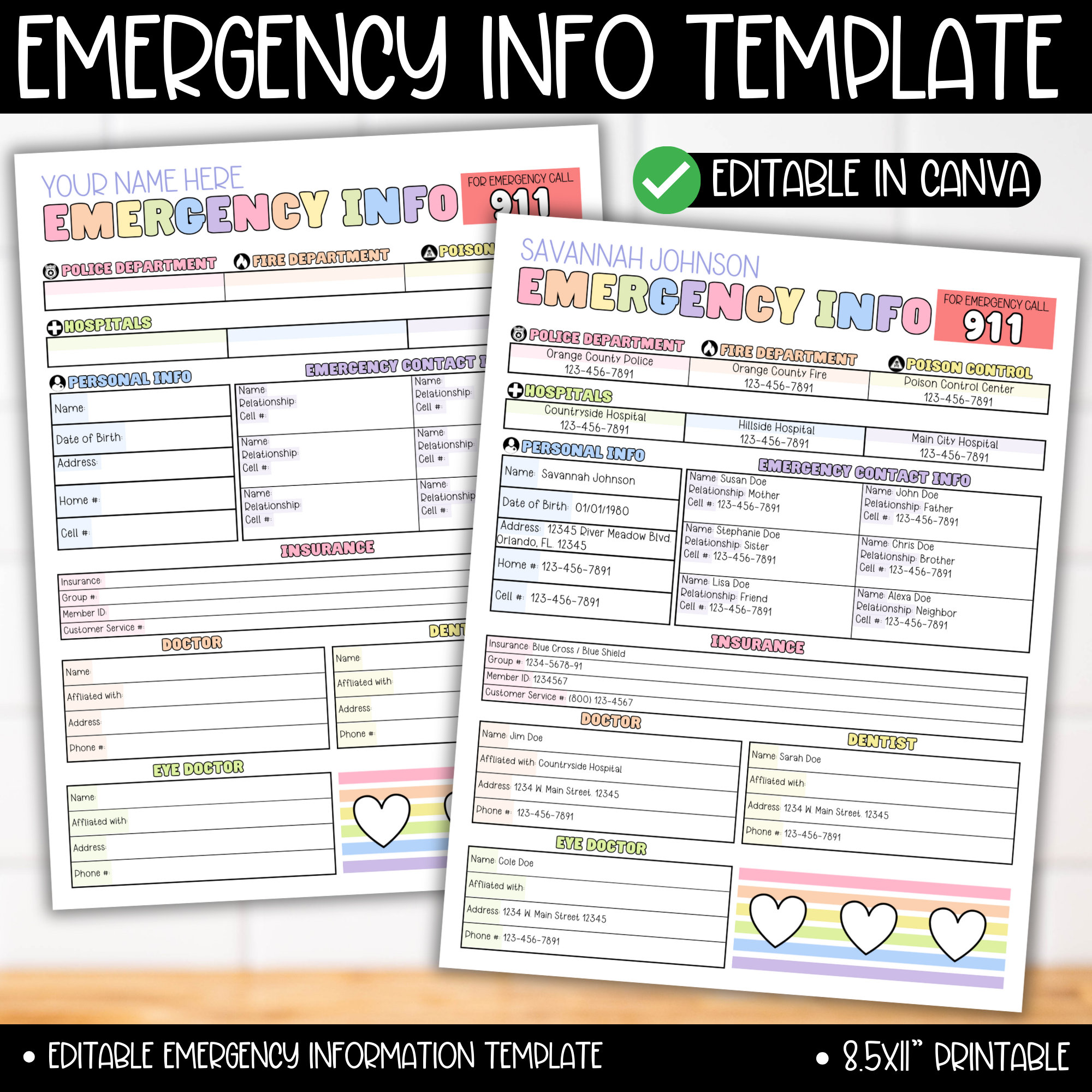 Emergency Information Sheet Form Template, Emergency Info Contact List ...