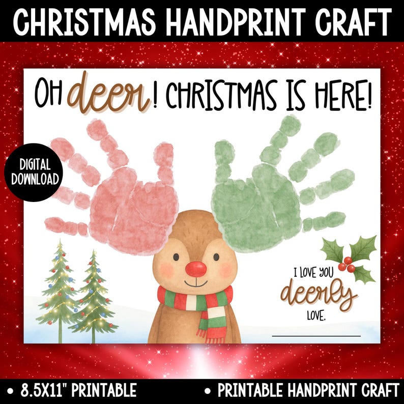 Christmas Reindeer Handprint Craft Printable, Holiday Deer Hand Art ...