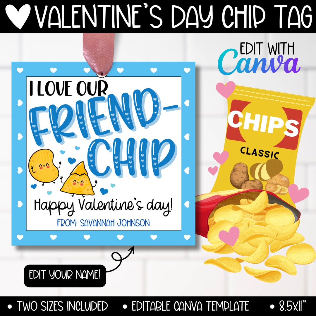 Valentine's Day Friend Chip Treat Bag Tag Card Label, Boys Blue Non ...