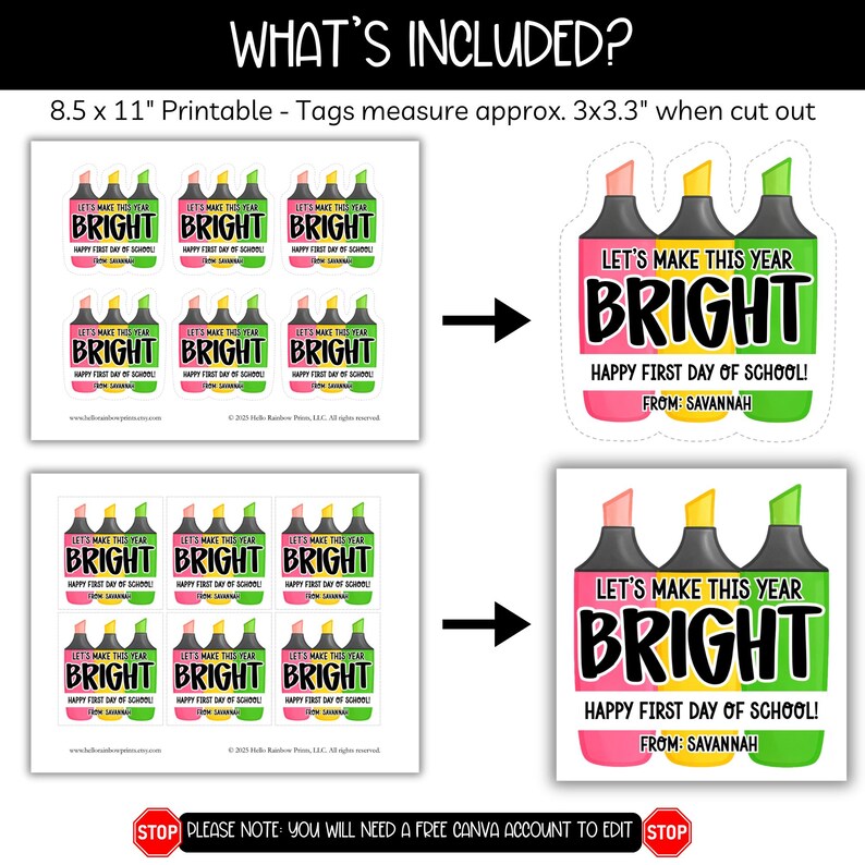 Editable Back to School Highlighter Gift Tag, First Day of School ...