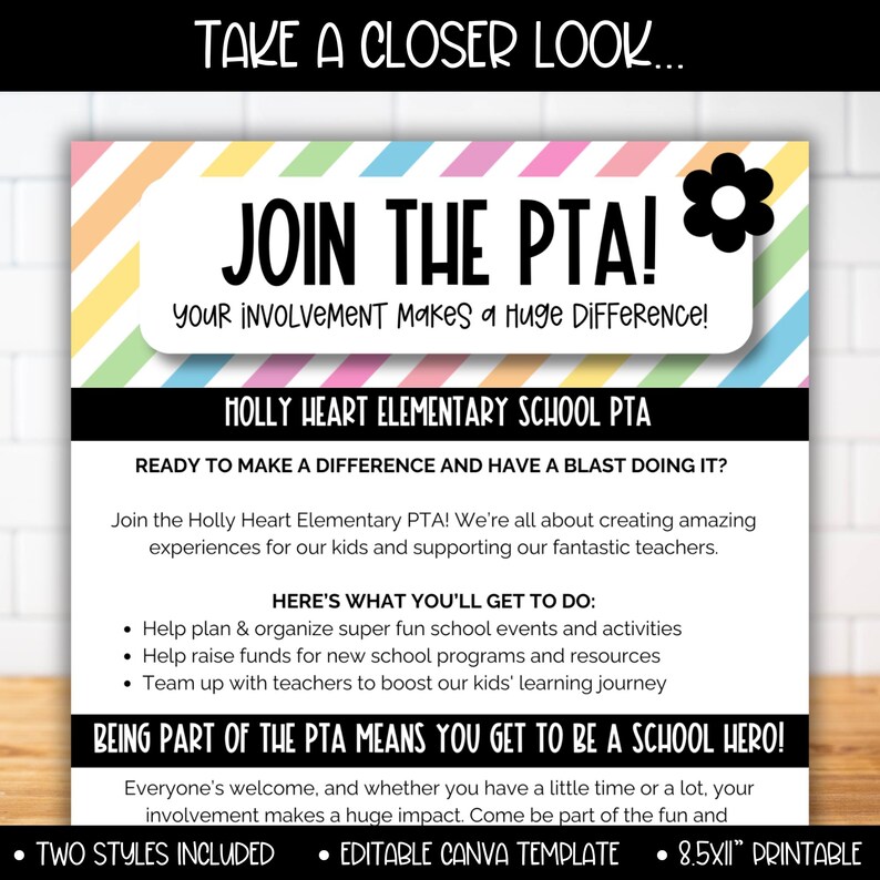 Join the PTA Membership Flyer Template, Editable Rainbow PTA ...