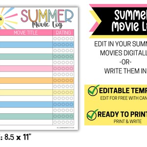 Summer Movie Chart Log | Dinner & Movie Chart | Movie Log for Kids ...