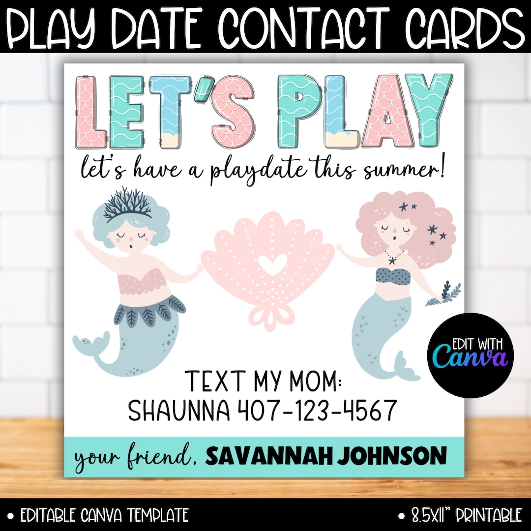 Let's Play Mermaid Playdate Cards Girls Template, Keep in Touch Cards ...