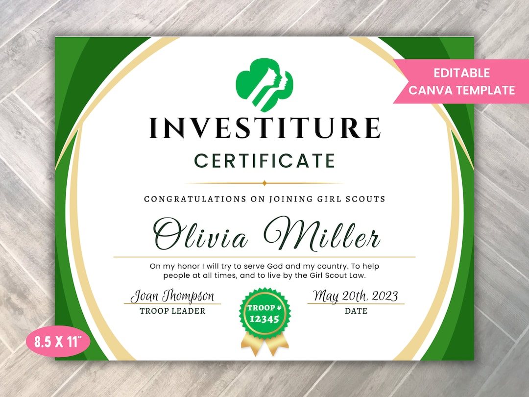 Girl Scout Certificate of Investiture Template Editable Girl Scouts ...