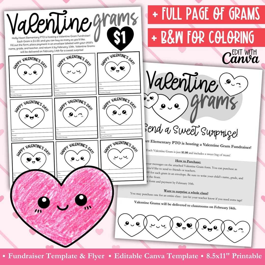 Valentine Grams Fundraiser Flyer, Black & White Coloring Valentine's ...