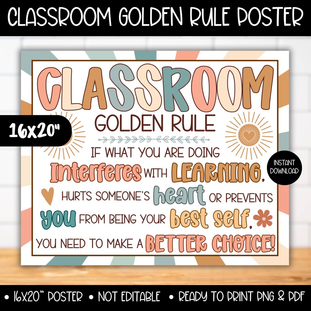 Boho Classroom Golden Rule Poster, Elementary Class Rules Sign ...