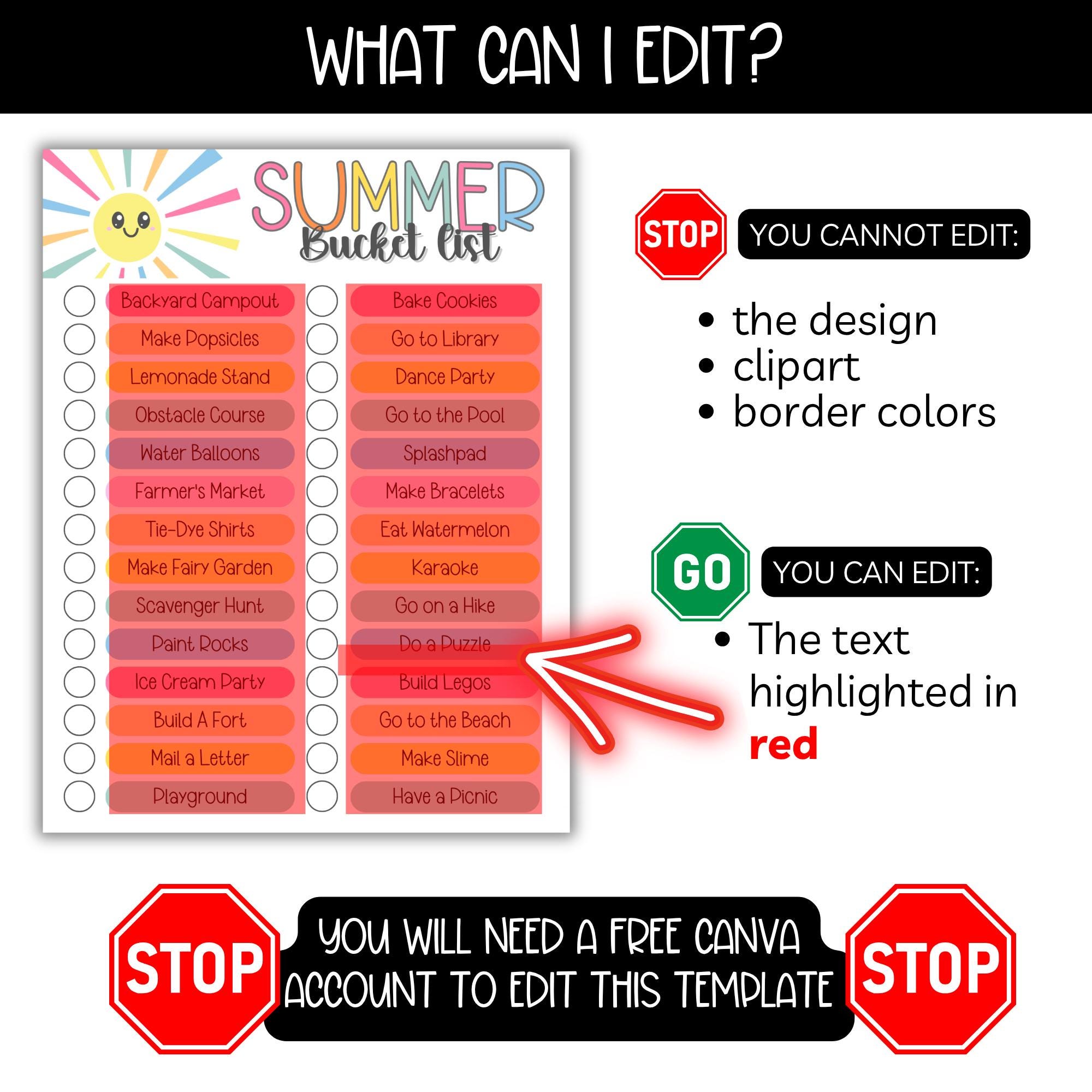 Editable Summer Bucket List for Kids, Summer Family Bucketlist Planner ...