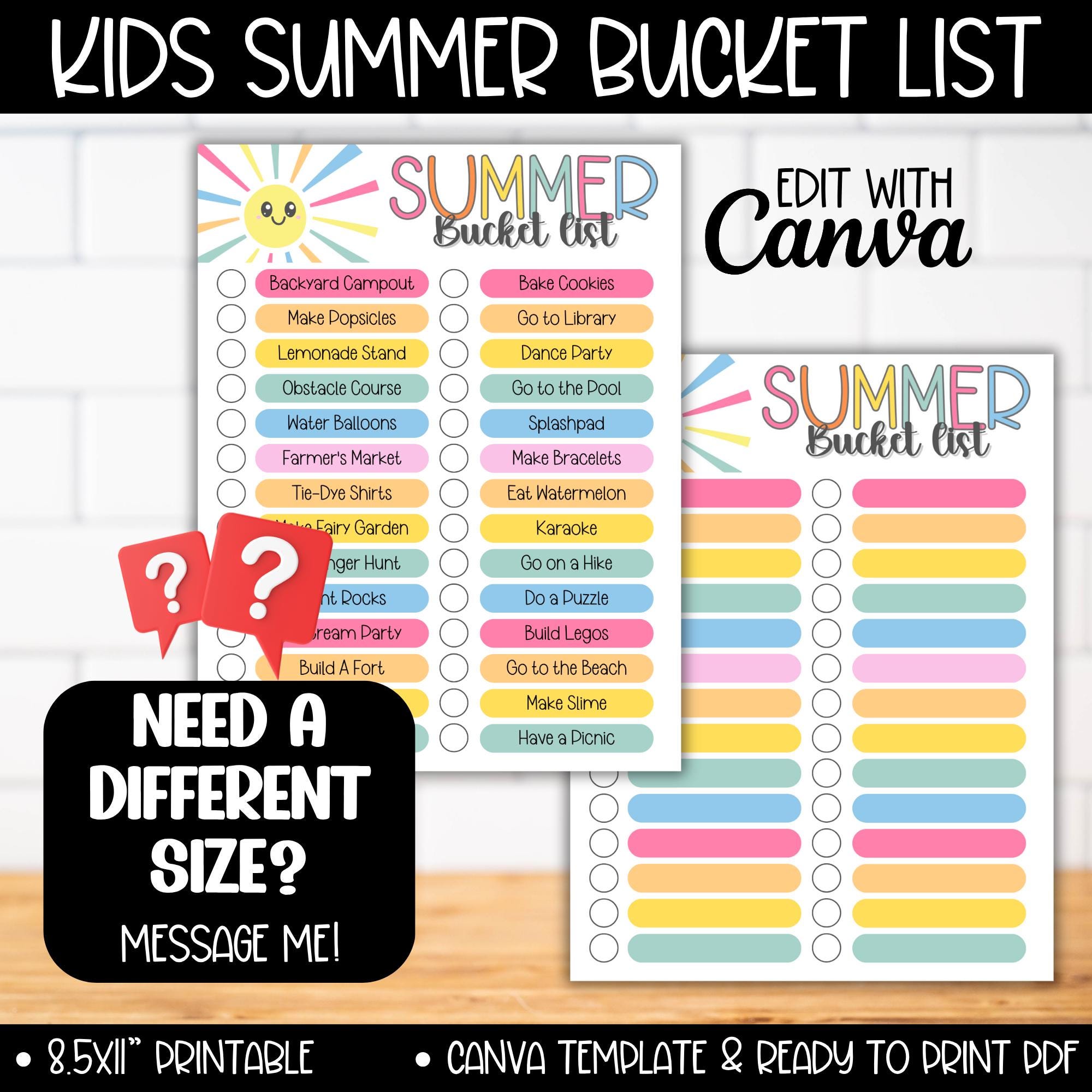 Editable Summer Bucket List for Kids, Summer Family Bucketlist Planner ...