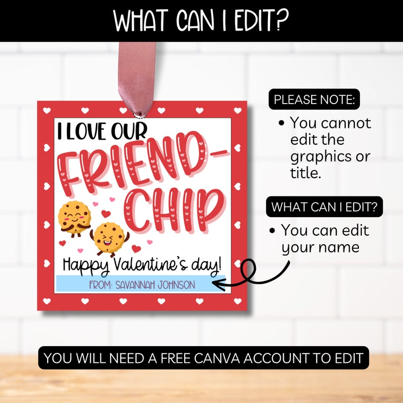 Valentine's Day Chocolate Chip Cookie Treat Goody Bag Tag Card, Red ...