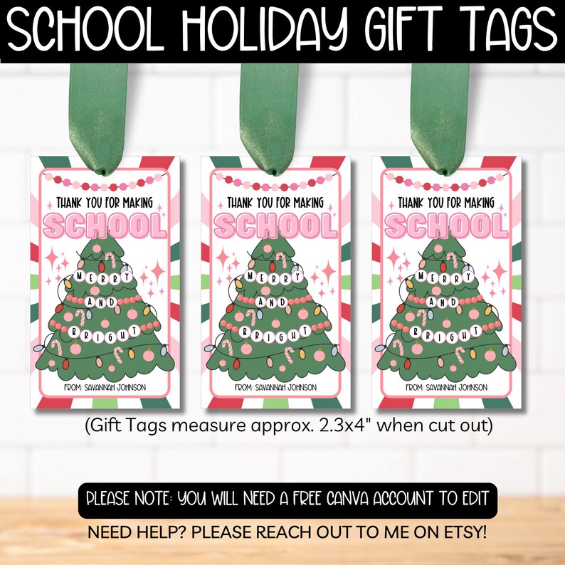 Pink Christmas School Era Gift Tag Card Template, Class Treat, Holiday ...