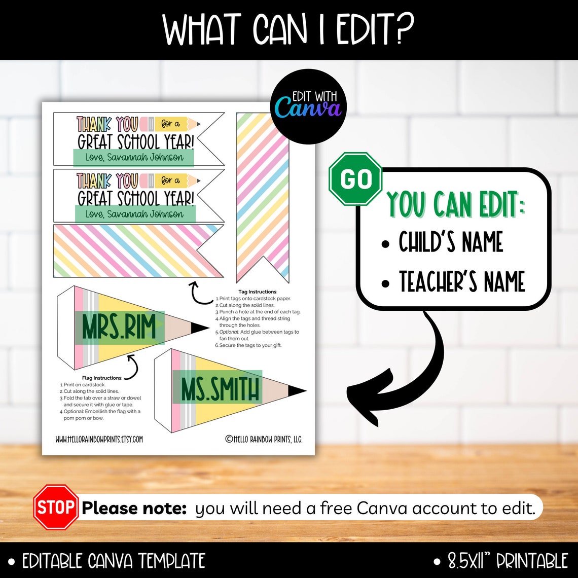 Teacher Appreciation End of School Year Gift Tag Flag, Teacher Thank ...