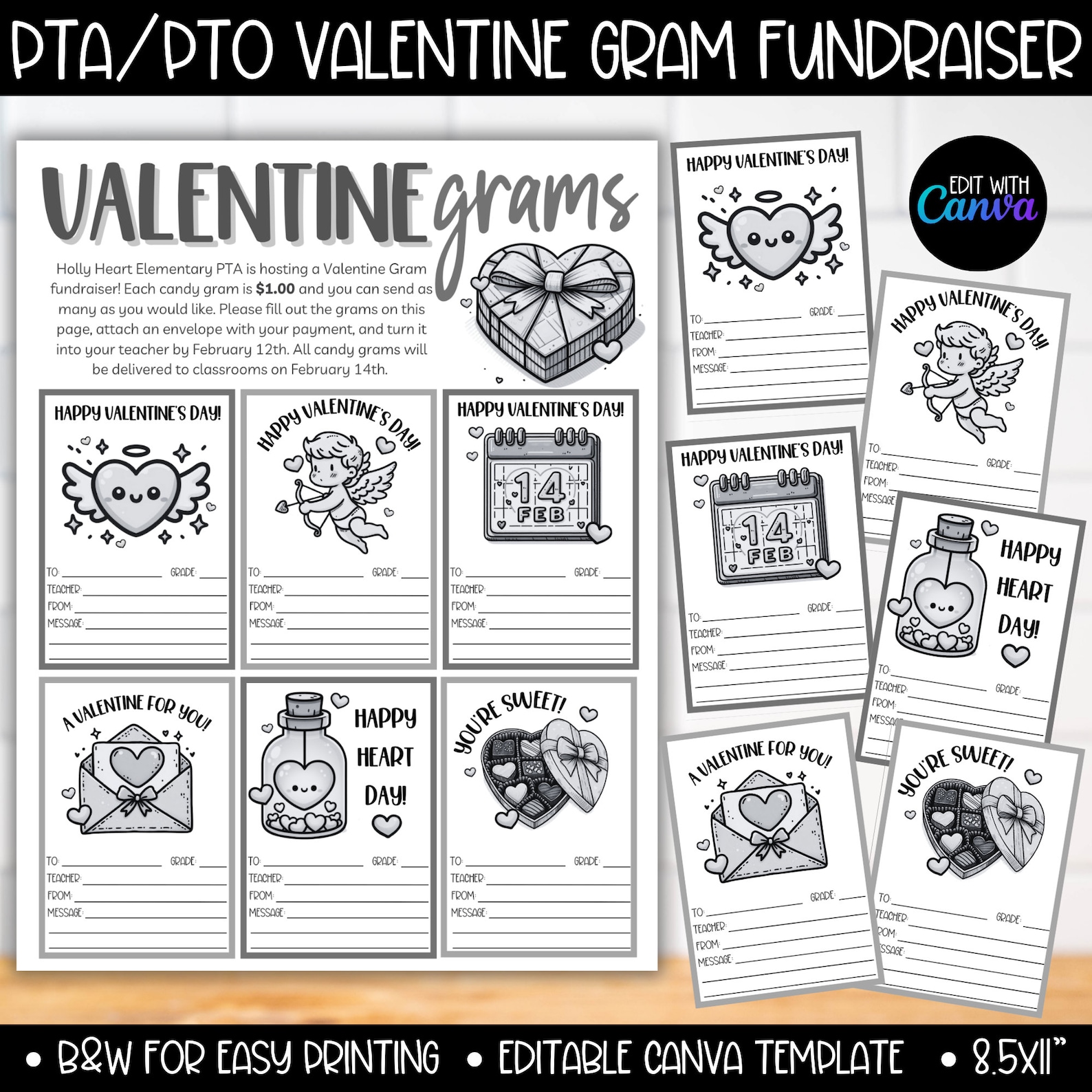 Valentines Day Candy Gram Fundraiser Flyer Forms Tag Template PTA PTO ...