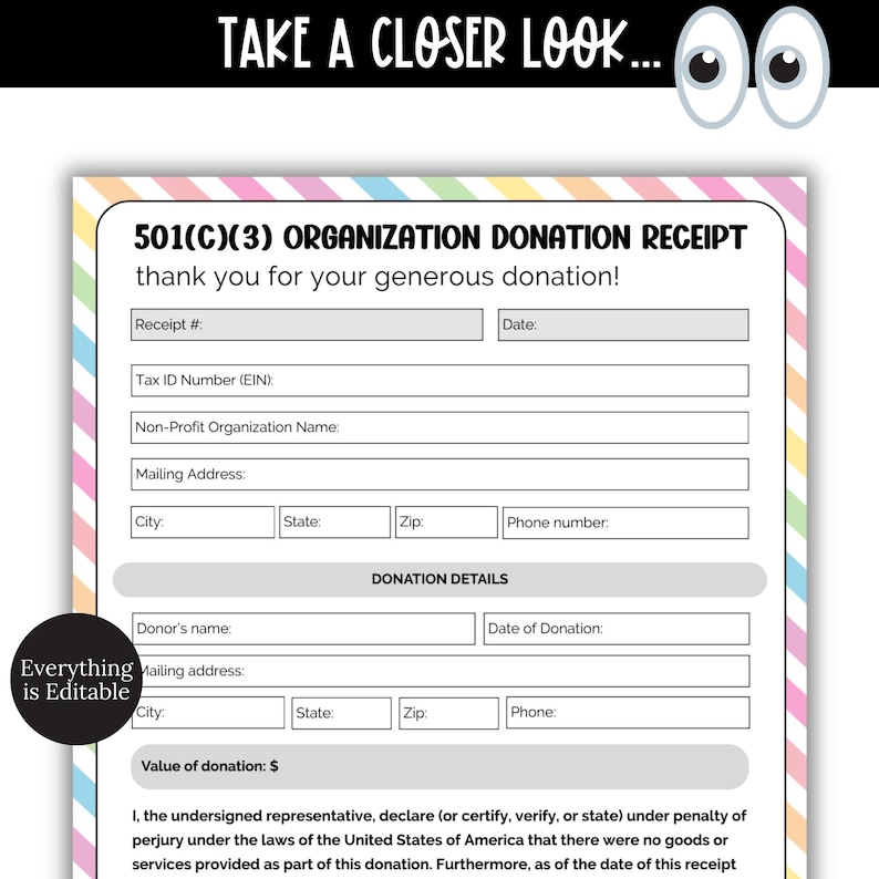 Nonprofit Donation Receipt Template, Editable 501c3 Form for PTA PTO ...