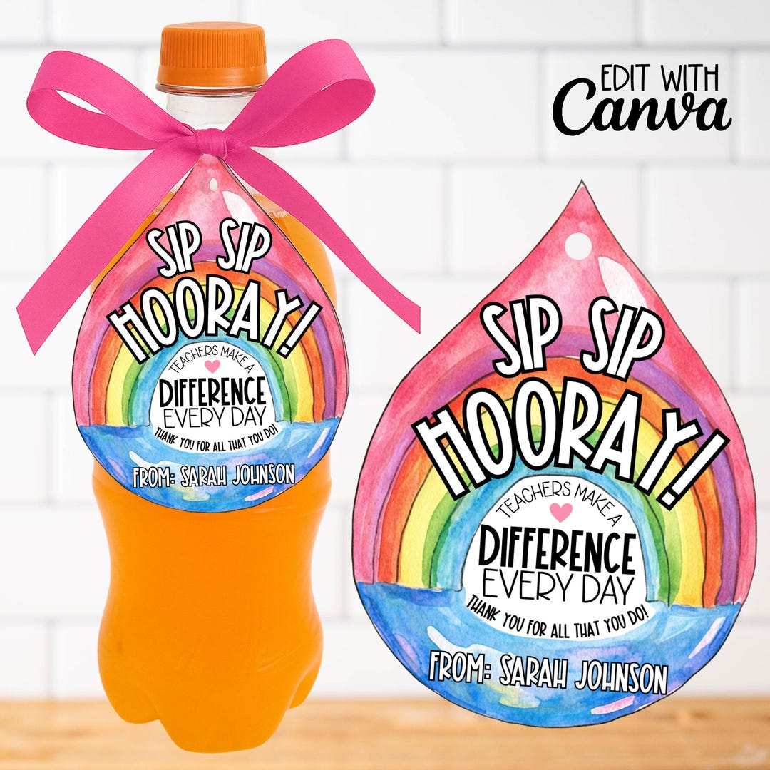 Teacher Appreciation Soda Gift Tags: Editable Sip Hooray Water Drink ...