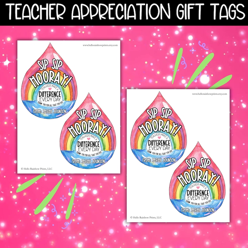 Teacher Appreciation Water Bottle Tumbler Gift Tag, Editable Sip Sip ...