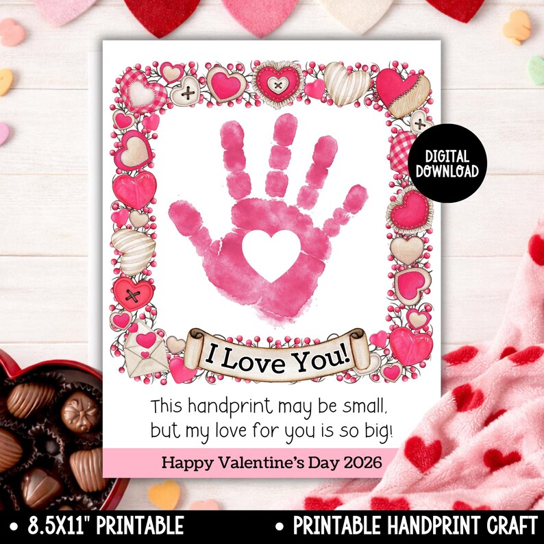 2026 Valentine’s Day Handprint Craft Printable, Preschool Valentine ...