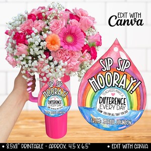 Teacher Appreciation Water Bottle Tumbler Gift Tag, Editable Sip Sip ...