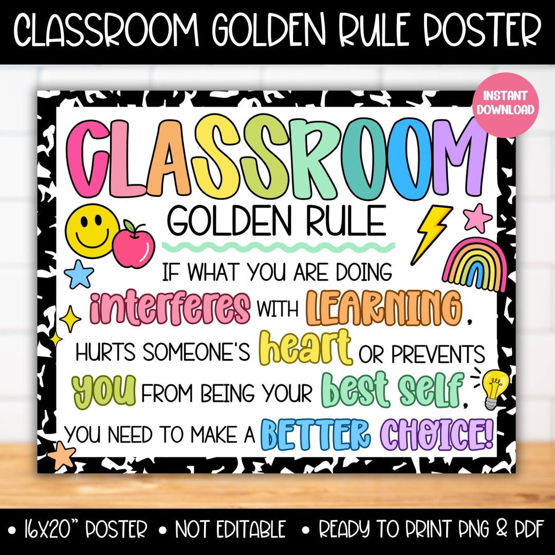 Bright Classroom Golden Rule Poster, Elementary Class Rules Sign ...