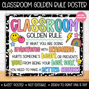 Bright Classroom Golden Rule Poster, Elementary Class Rules Sign ...