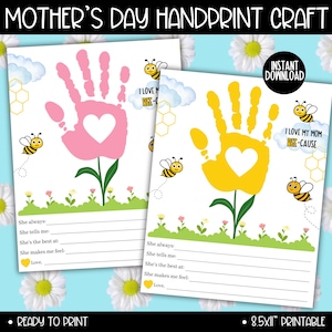 Mother's Day Bee Flower Handprint Craft, Gift for Mom Printable, Spring ...