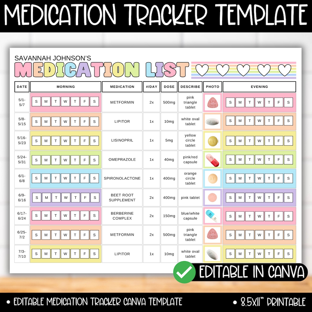 Medication Supplement List Color Code Tracker Log Chart Template With ...