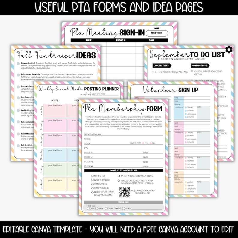 Editable PTA President Planner Canva BUNDLE, Membership Forms ...