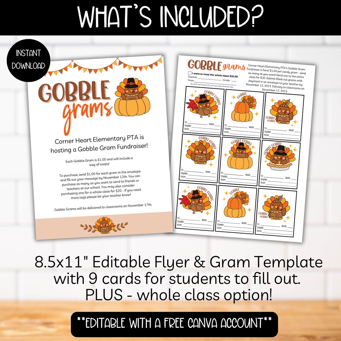 PTA PTO Gobble Gram Thanksgiving Fundraiser Flyer Template for School ...