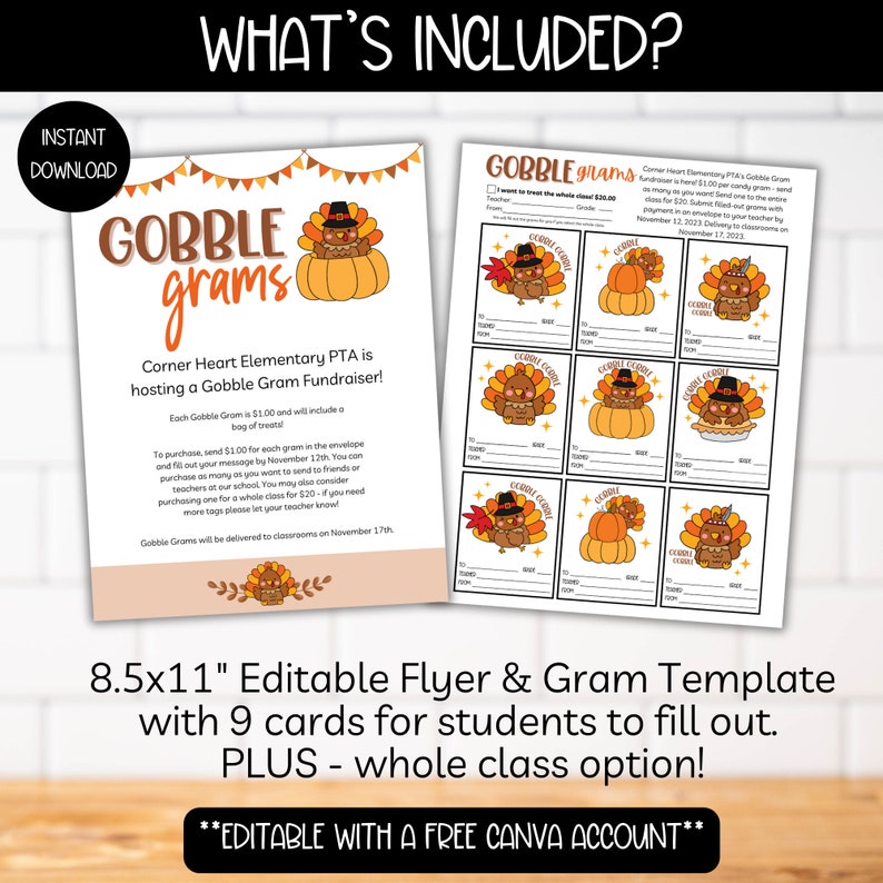 PTA PTO Gobble Gram Thanksgiving Fundraiser Flyer Template for School ...