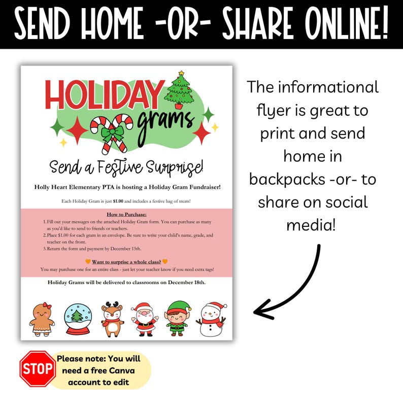 Christmas Grams Fundraiser Kit, Holiday Candy Cane Gram Tags Printable ...