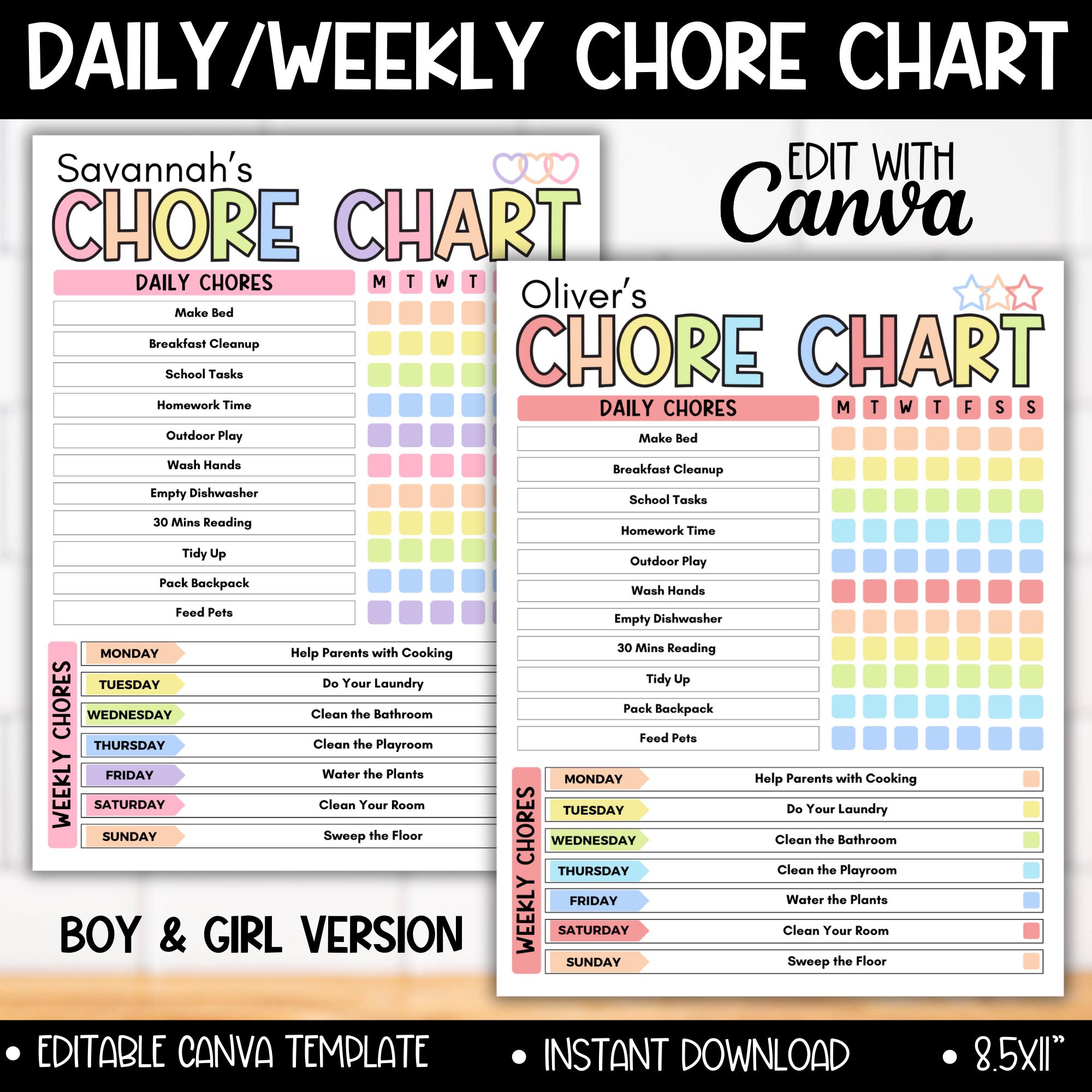 Editable Weekly Kids Chore Chart Printable, Kid to Do List, Daily ...