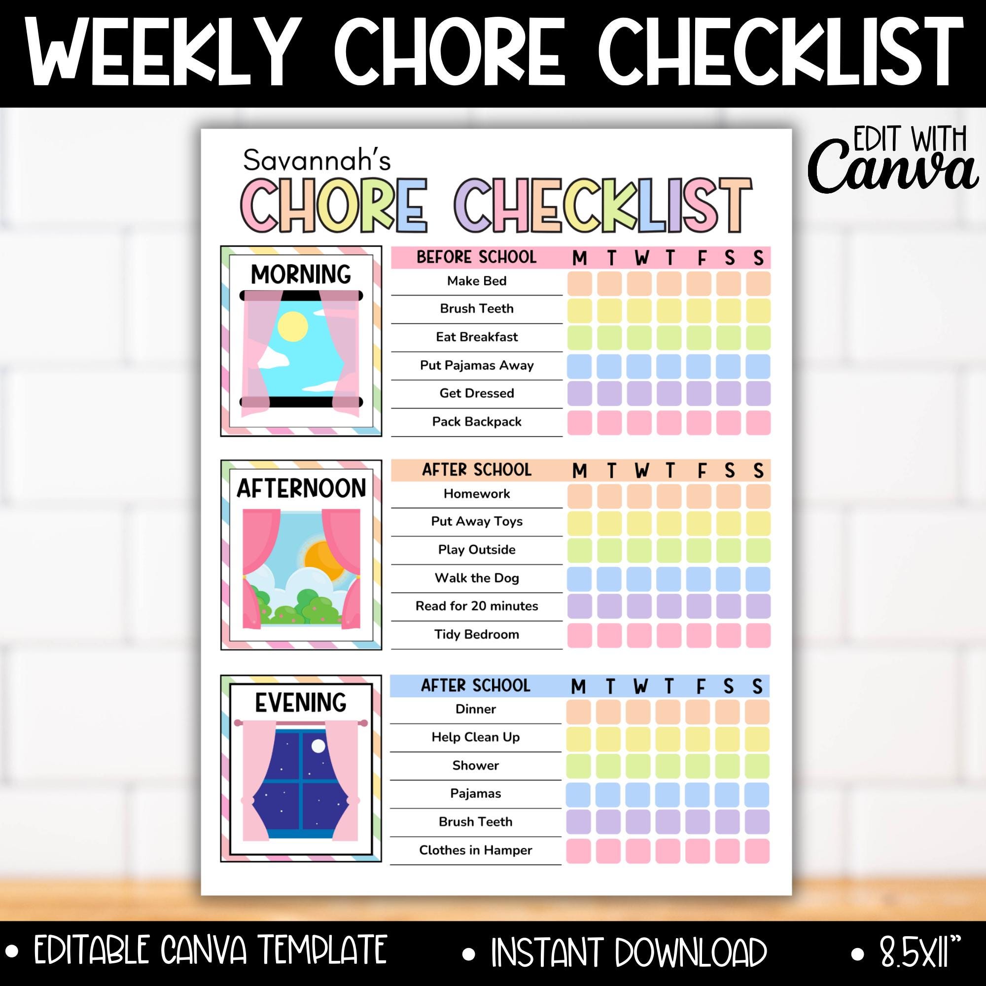 Editable Daily Girls Cute Morning Chore Chart Printable, Kid to Do List ...