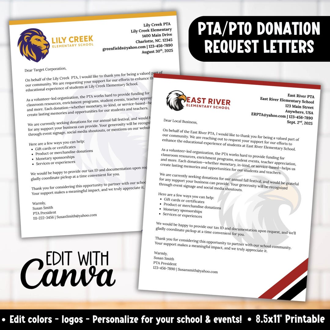 PTA Donation Request Letter Template Bundle, Editable PTO Monetary Item ...