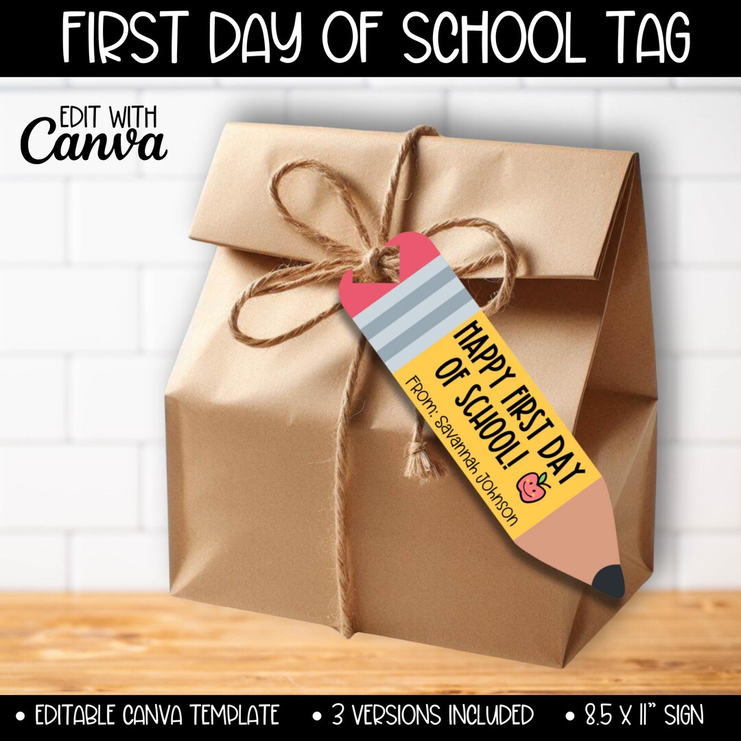 First Day of School Pencil Lunch Box Notes Gift Tags Canva Template ...