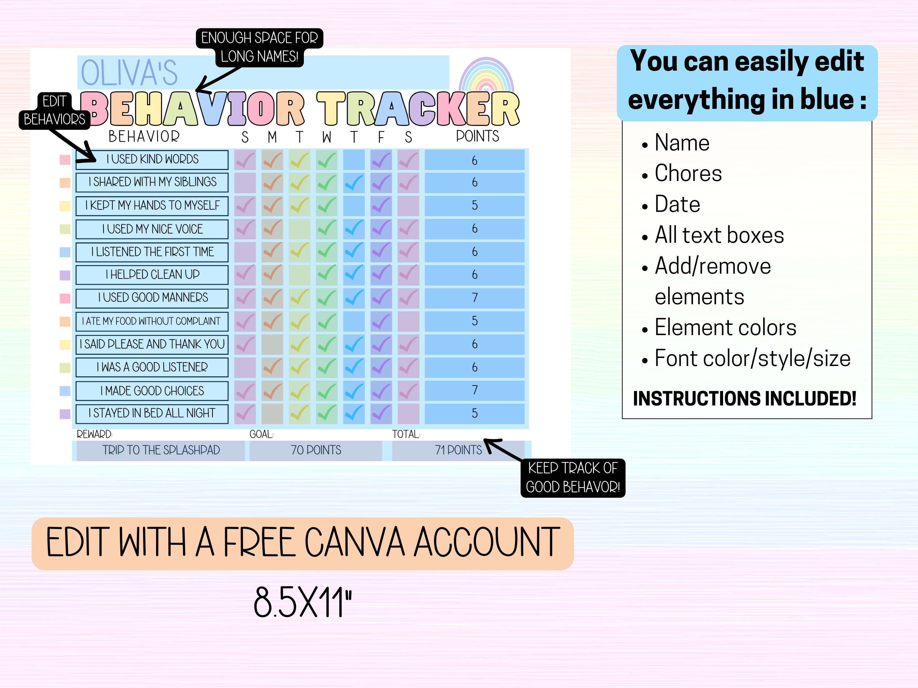 Editable Behavior Tracker for Kids, Good Behavior Chart, Toddler Kid ...