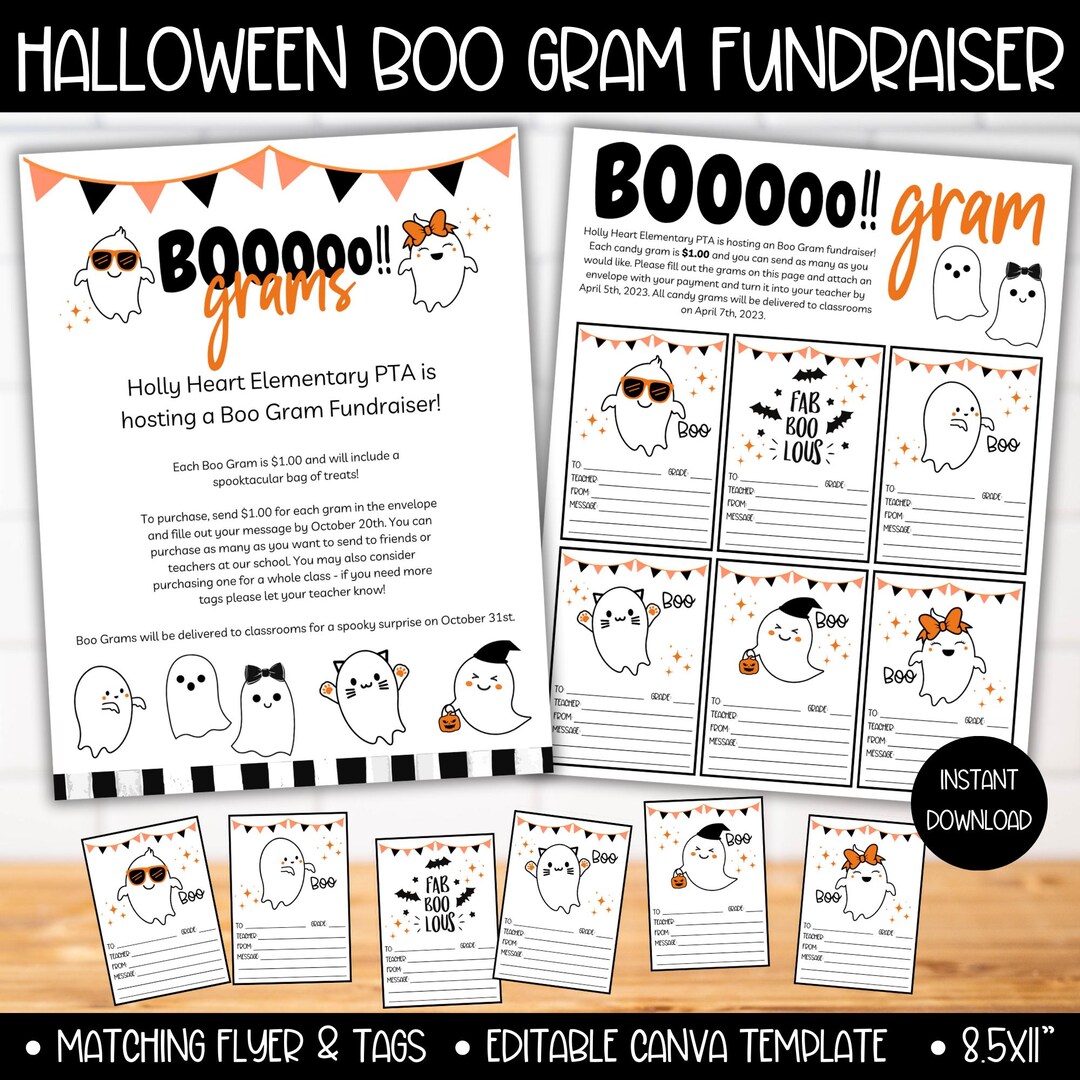 Halloween Boo Gram Fundraiser Tags Flyer Template Bundle, School Boo ...