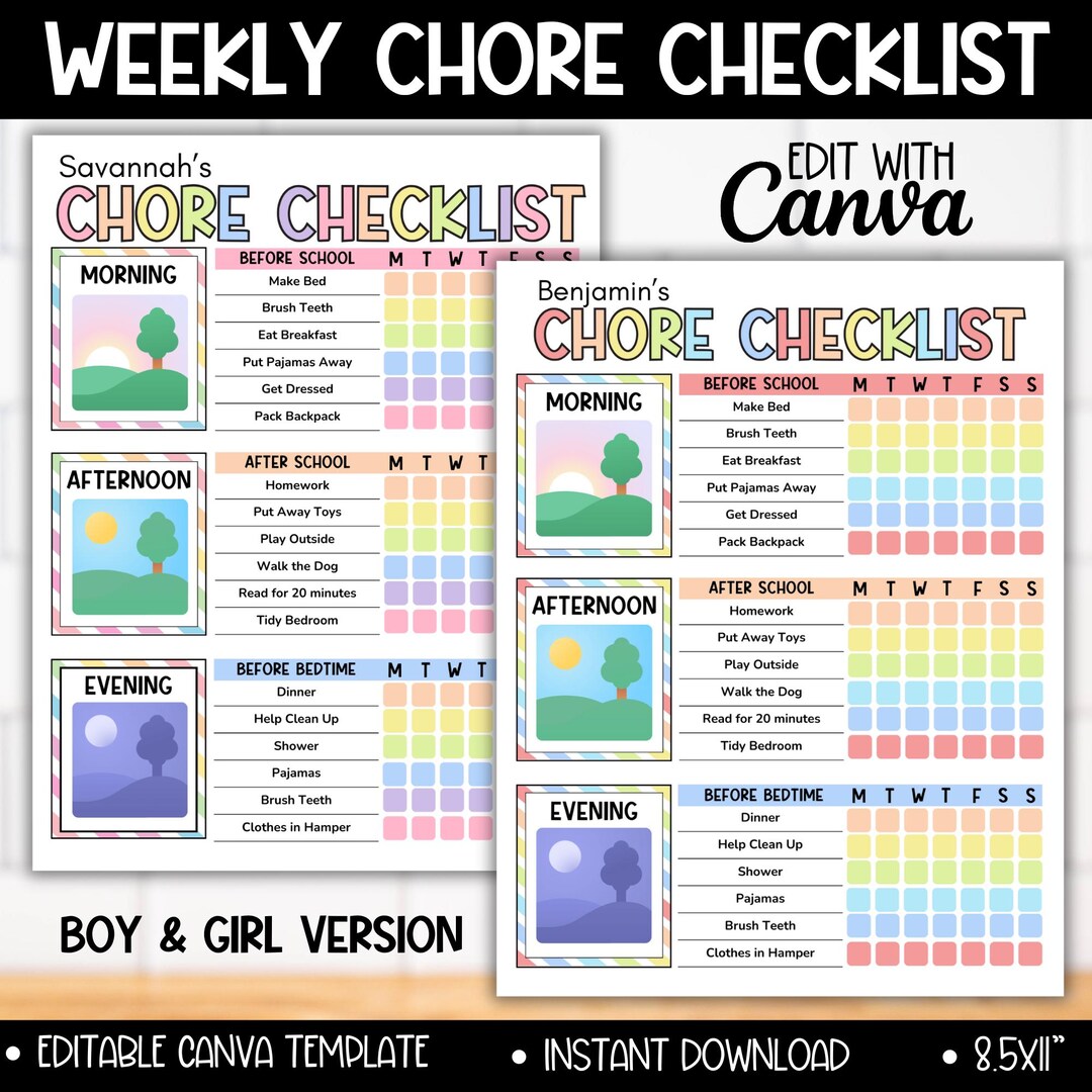 Editable Weekly Kids Chore Chart Printable, Kid to Do List, Daily ...
