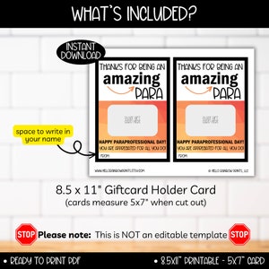 Paraprofessional Gift Card Holder, Para Appreciation Day Printable ...