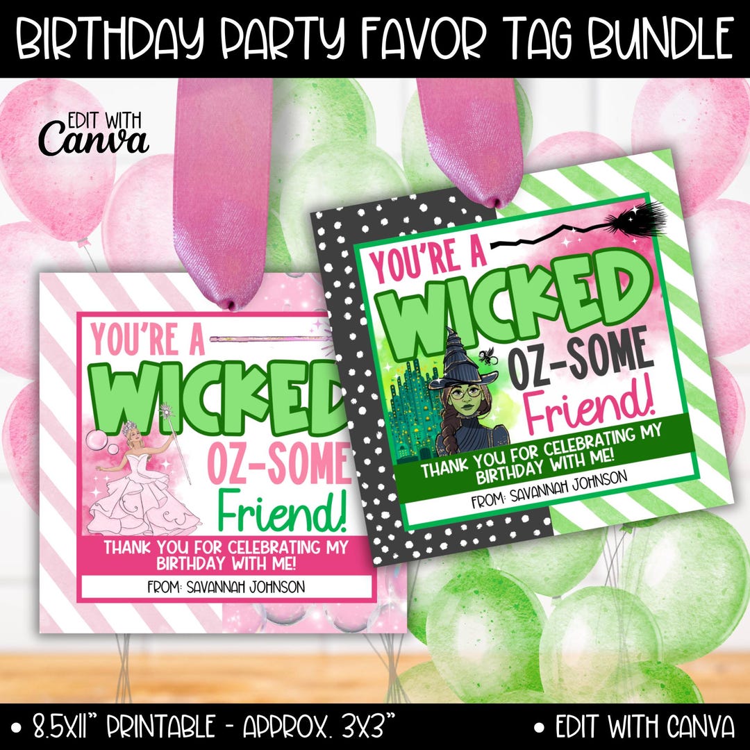 Wicked Birthday Party Favor Gift Tags Template Bundle, Wicked Thank You ...