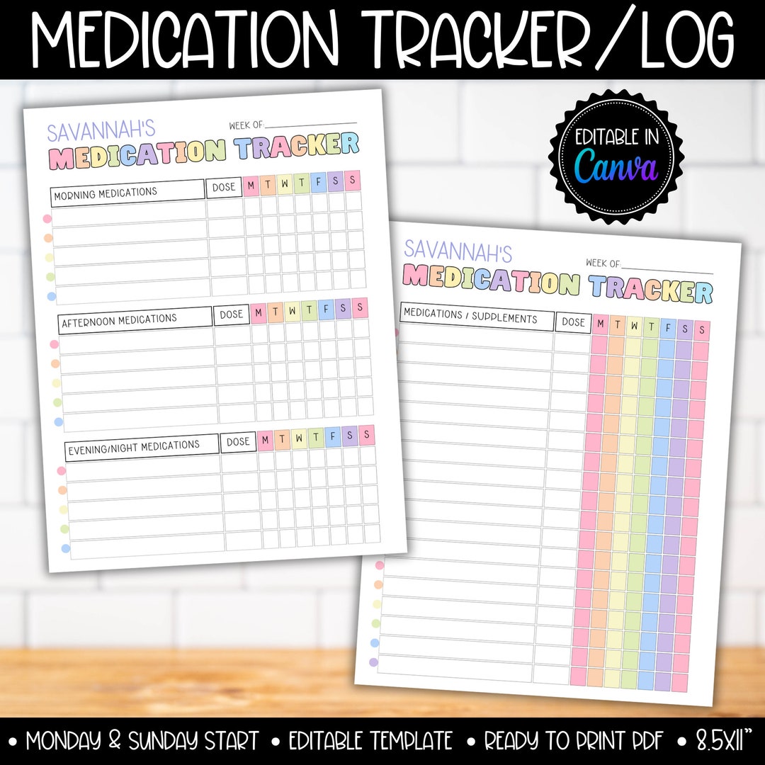 Medication Tracker Log Chart List Planner Kids Cute Printable Template ...